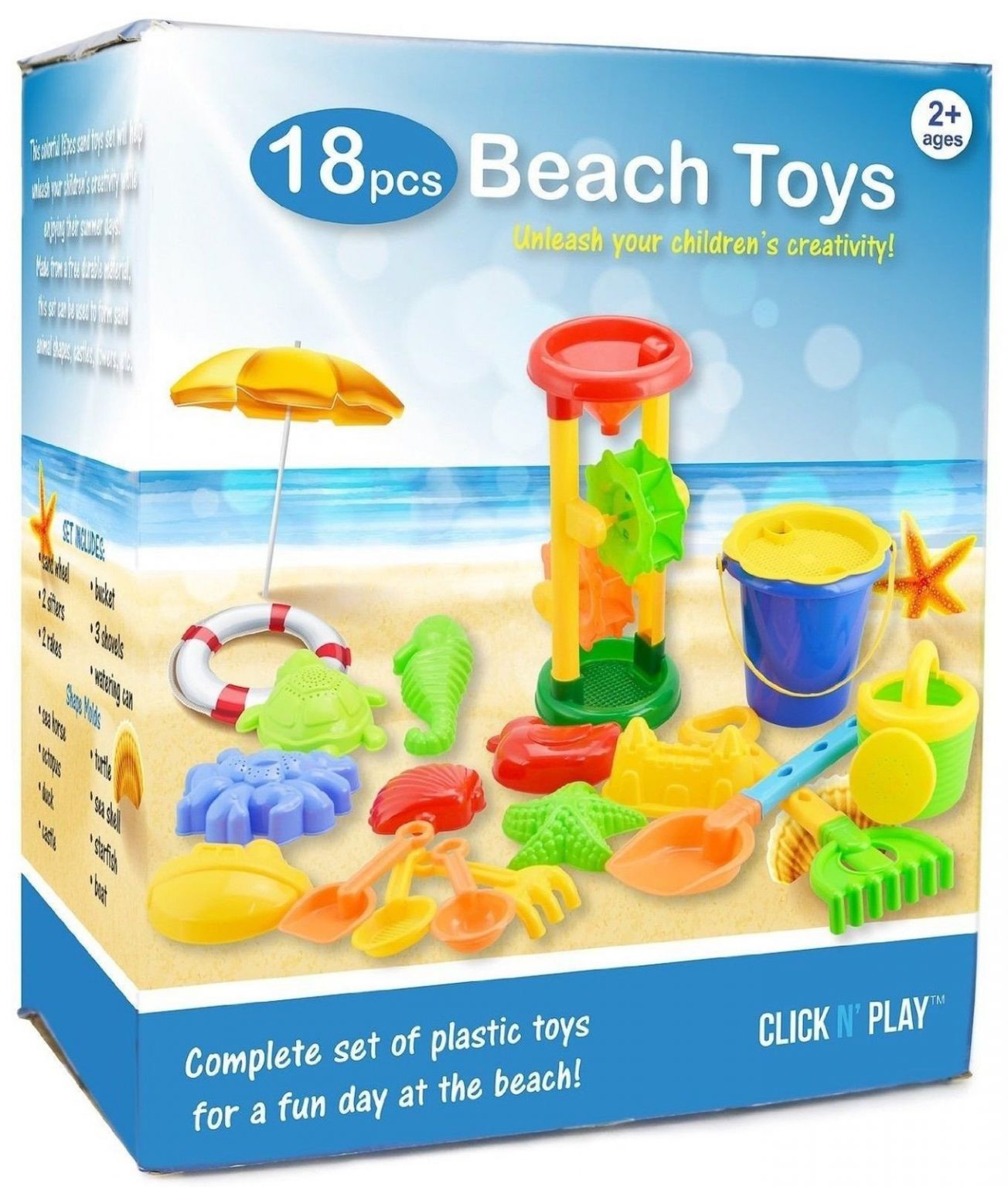 Click N Play 18 Piece Beach Sand Toy Set Bucket Shovels Rakes Sand ...