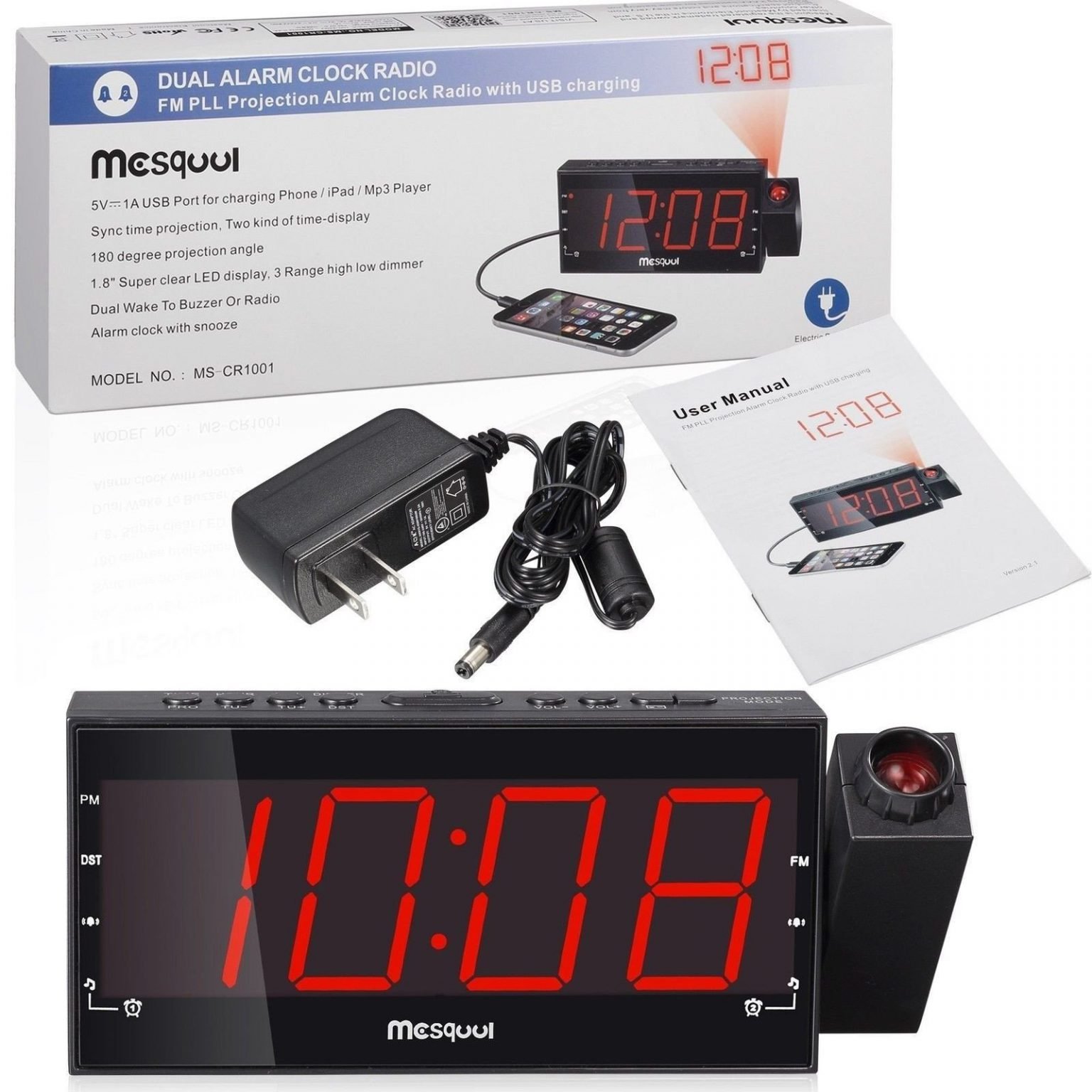 Mesqool Digital Dual Alarm Fm Dimmable Projection Clock Radio 1.8 Inch ...