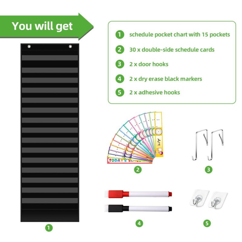 REGELETO 15+1 Pockets Daily Schedule Pocket Chart With 30 Pcs Double ...