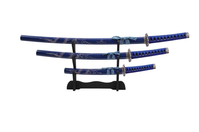 Carved Dragon Blue Samurai Sword Set Of 3 With Stand - Swiftsly