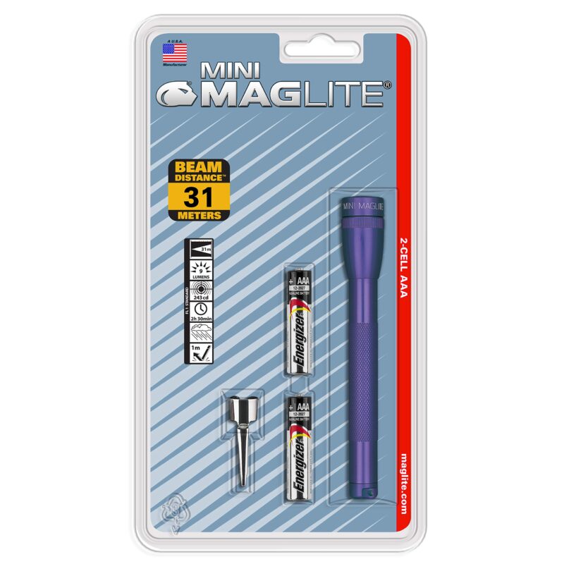 Maglite Mini Incandescent 2-Cell AAA Flashlight, Purple Standard Pack ...