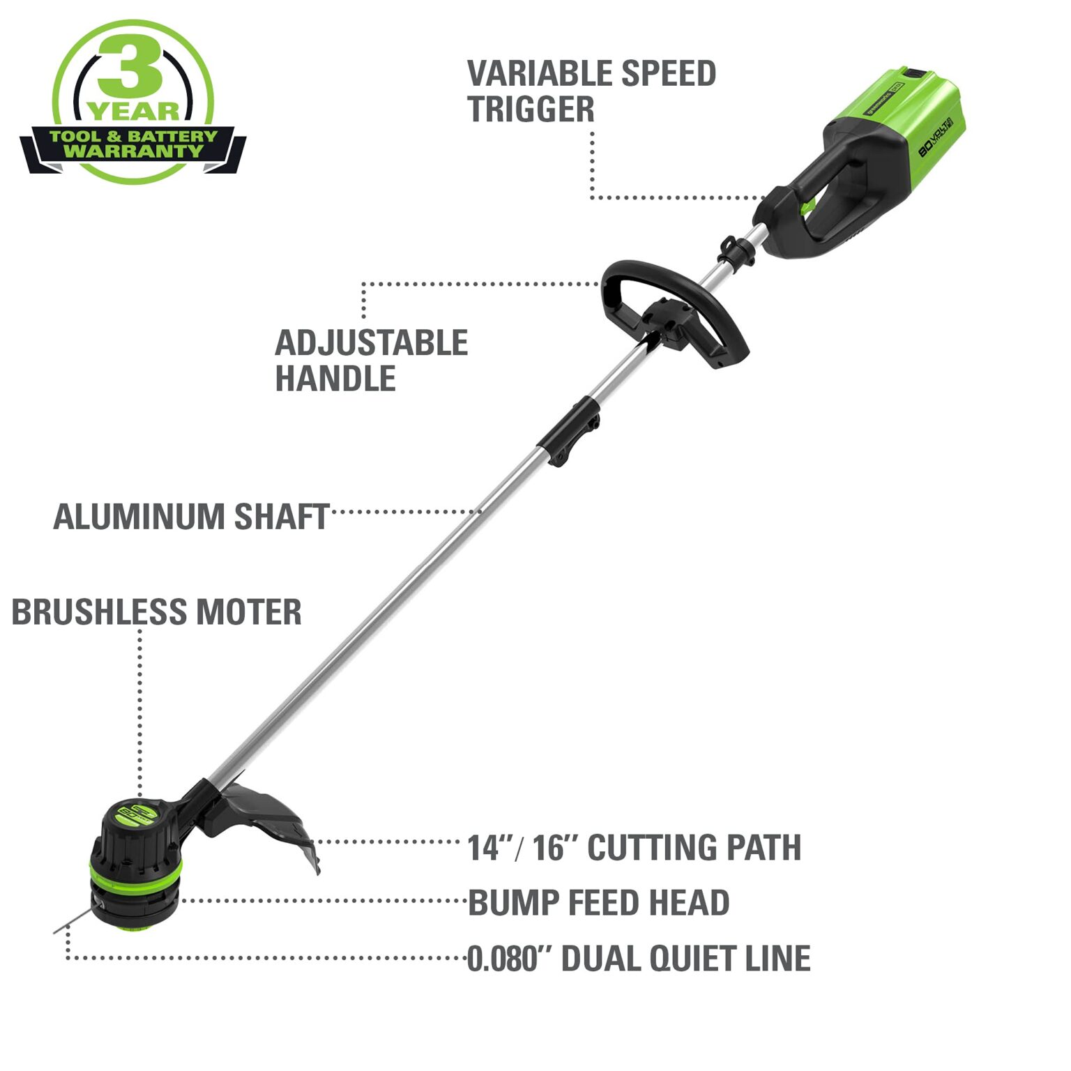 Greenworks 80V 16 Inch Brushless String Trimmer, 2.0Ah Battery & Rapid Charger Included ...